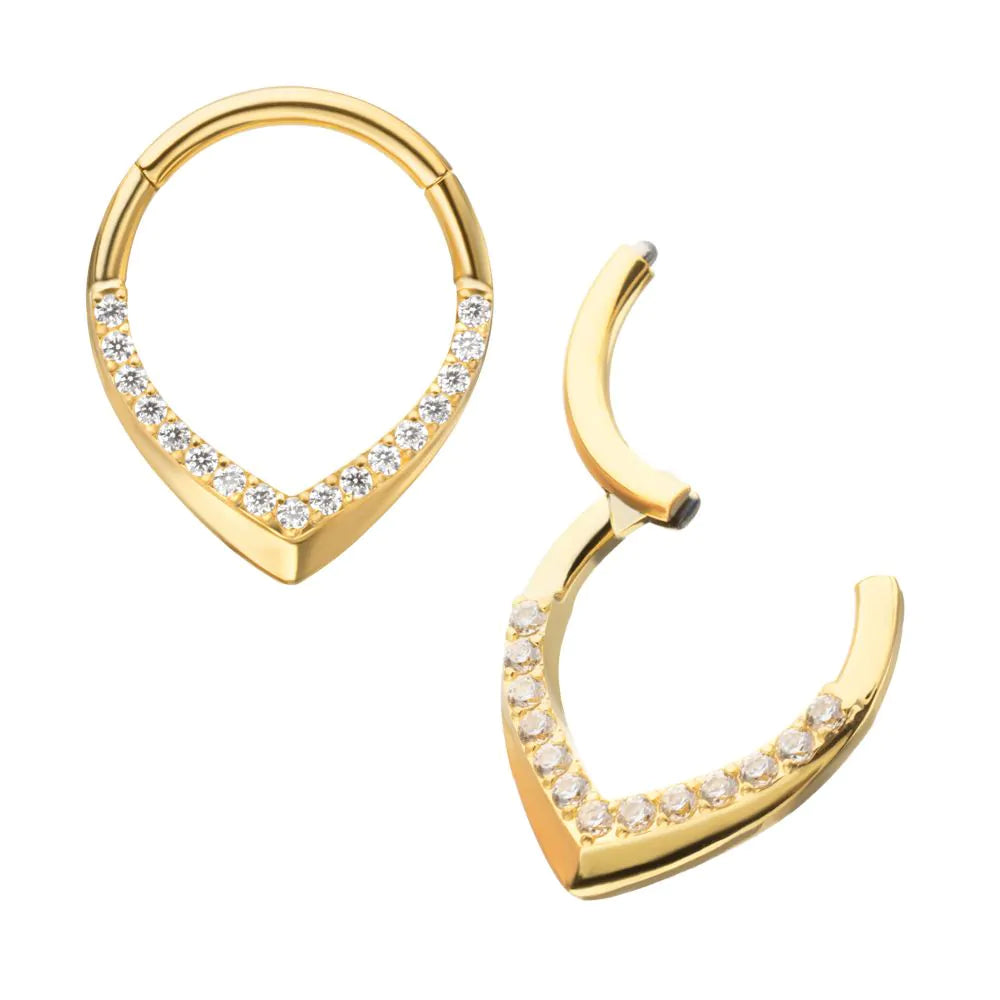 24Kt Gold PVD Titanium Pave Gem V-Shape Front Facing Hinged Segment Cl ...